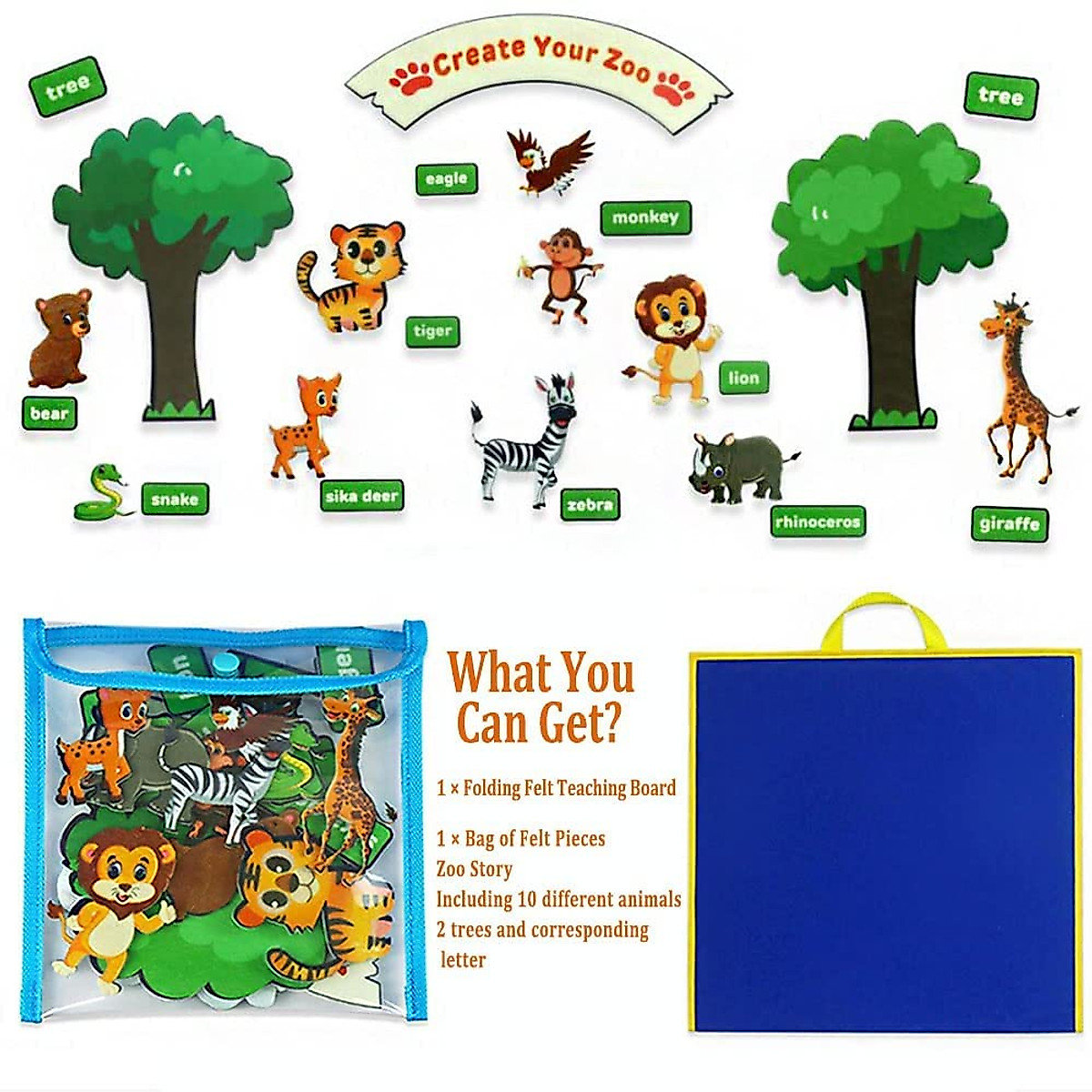 Topwon Felt Board for Kids, Folding Flannel Playboard Preschool Toddler Stories Boards, Animal Story Learning Double-Side Stand Flannel Board (Including Animal Felt)