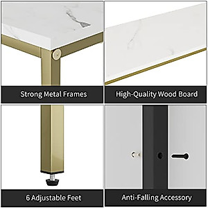 SONGXIN 63 Inch Console Table with Power Outlet,Modern Narrow Long Sofa Table Behind Couch,Skinny Entry Table with Gold Metal Frame for Entryway,Living Room, Hallway,Marble White