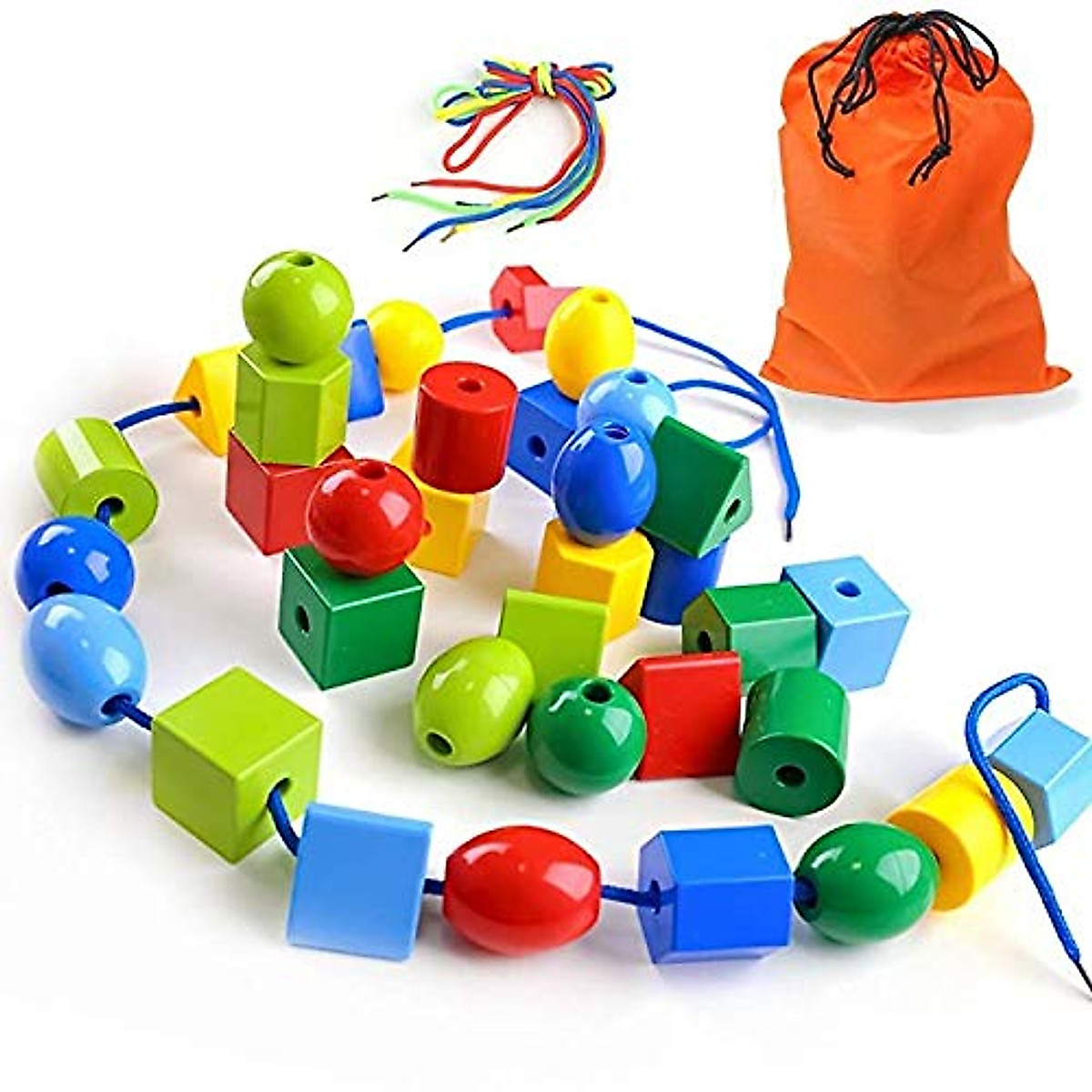 LovesTown Lacing Bead Set, Educational Stringing Toy Montessori Toys Autism Toys for Toddlers Kids Preschool Children with 36 Jumbo Beads & 2 Threads
