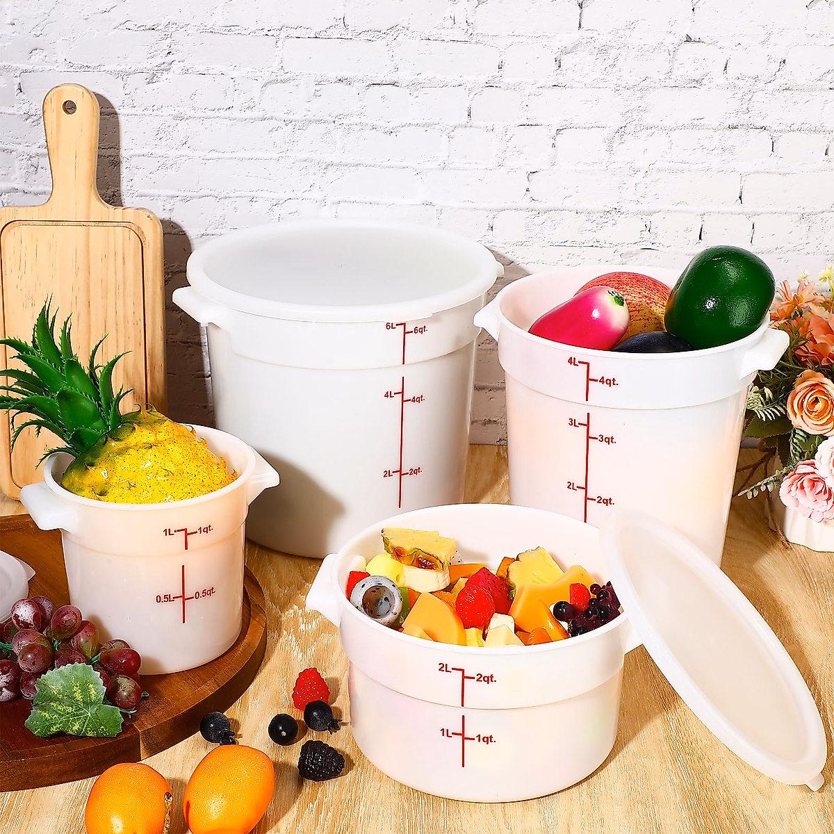 Ziliny 4 Pcs Food Storage Containers 1, 2, 4, 6 Qt Round Food Storage Container with Lids for Pantry Organizers Translucent Plastic Tubs with Handles for Bread Dough Home Storage Food