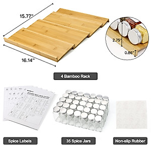 KitHero Spice Drawer Organizer with 35 Spice Jars,216 Labels,50 Non-slip Rubber, Bamboo 4 Tier Seasoning Rack Tray Insert for Kitchen Drawers,Cabinets,Countertop,16.14" Wide x 15.8" Deep