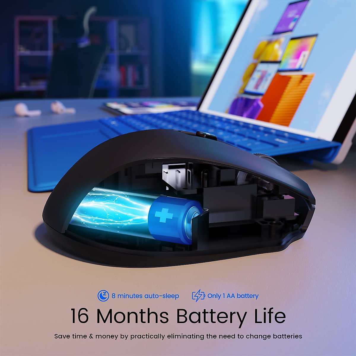 HOTWEEMS Wireless Mouse, D-09 Computer Mouse USB Cordless Mice for Laptop, Ergo Grips, Lightspeed 5-Level 2400 DPI, 16 Months Battery, Portable for PC Mac Chromebook (Black)