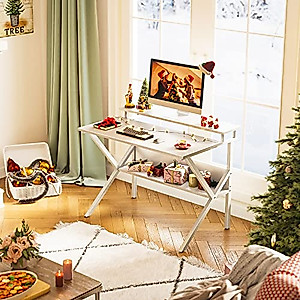 ODK Small Computer Desk, 27.5 inch Desk for Small Spaces with Storage, Compact Table with Monitor & Storage Shelves for Home Office, Modern Style Laptop Desk, Pure White