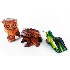 Guiro and Percussion Instruments animal Group Wooden 3 Pieces includes 3 Inch Wooden Frog, 4 Inch Wooden Cricket and 3.5 Inches Wooden Owls.