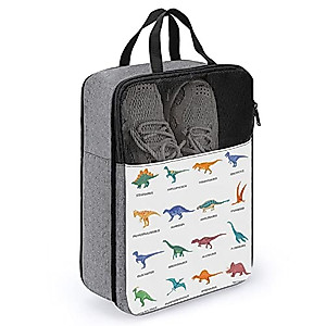Frcavbin Colored Dinosaurs with Name Travel Shoe Bag Shoes Carrier with Handle and Zipper Foldable Shoe Puches Organizer for Home storage School starts