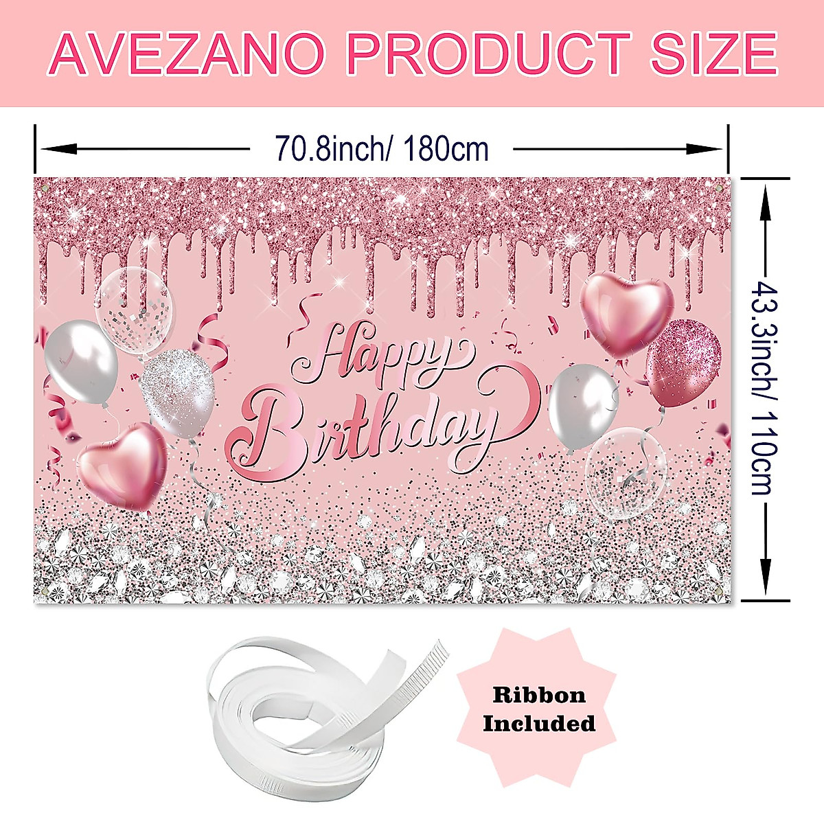 Avezano Rose Gold Birthday Backdrop Rose Pink and Sliver Glitter Balloons Banner Rose Gold Birthday Decorations for 16th 18th 21st 30th Women Girls Birthday Photoshoot Background 70.8 x 43.3 Inch