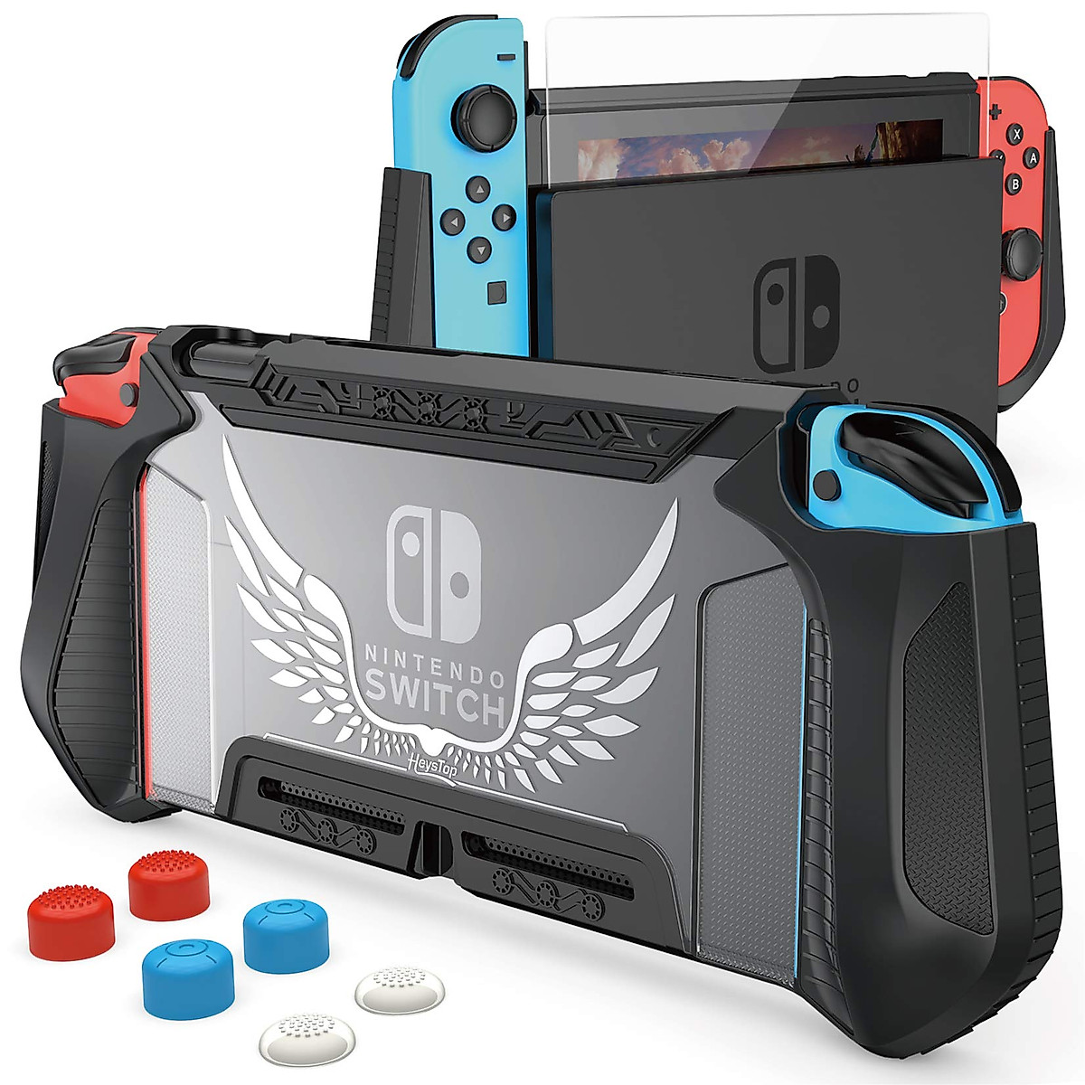 HEYSTOP Carrying Case Compatible with Nintendo Switch Portable Travel All Protective Storage Case Screen Protector Thumb Grips Caps for Nintendo Switch Accessories with Joy-con Grips and PlayStand