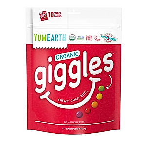 YumEarth Organic Giggles Chewy Candy - Allergy Friendly (Top 9 Free), No Artificial Dyes or Flavors, Non GMO, Gluten Free, Vegan - Individually Wrapped Fruity Snack Packs - 0.5 Ounce (Pack of 10)