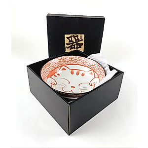 JapanBargain 4694, Large Japanese Porcelain Soup Bowls and Spoons Gift Set, Lucky Cat Pattern Ramen Bowls, Blue and Pink Color, Set of 2, Made in Japan, 36 Ounce