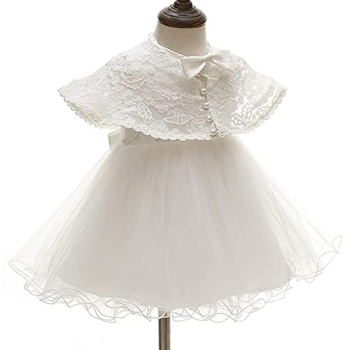 Meiqiduo Baby Princess Girls Christening Baptism Gowns Formal Dress 2Pcs Ivory White with Cloak (18M/16-18months)