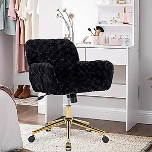 HomVent Fluffy Desk Chair Pink Faux Fur Vanity Chair Adjustable Swivel Computer Chair on Wheels Height Adjustable Cute Desk Chair for Makeup Room Teen Girls Bedroom Home Office (Black P)