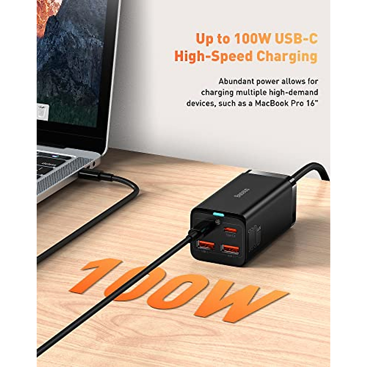 USB C Charger, Baseus 100W PD GaN3 Fast Wall Charger Block, 4-Ports [2USB-C + 2USB] Charging Station with 5ft AC Cable for Steam Deck,MacBook Pro/Air, USB-C Laptop, iPhone 13, Samsung Galaxy, etc