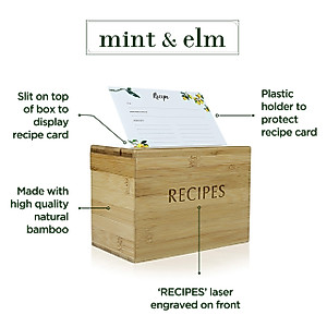 Mint & Elm Recipe Box with 100 Cards and 10 Dividers - Recipe Organizer Includes Plastic Holder for 4x6 Cards (Natural Bamboo)
