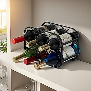 Buruis 6 Bottle Countertop Wine Rack - Wine Holder for Red White Wine Storage - Freestanding Metal Wine Rack - Modern Tabletop Bottle Holder - Black