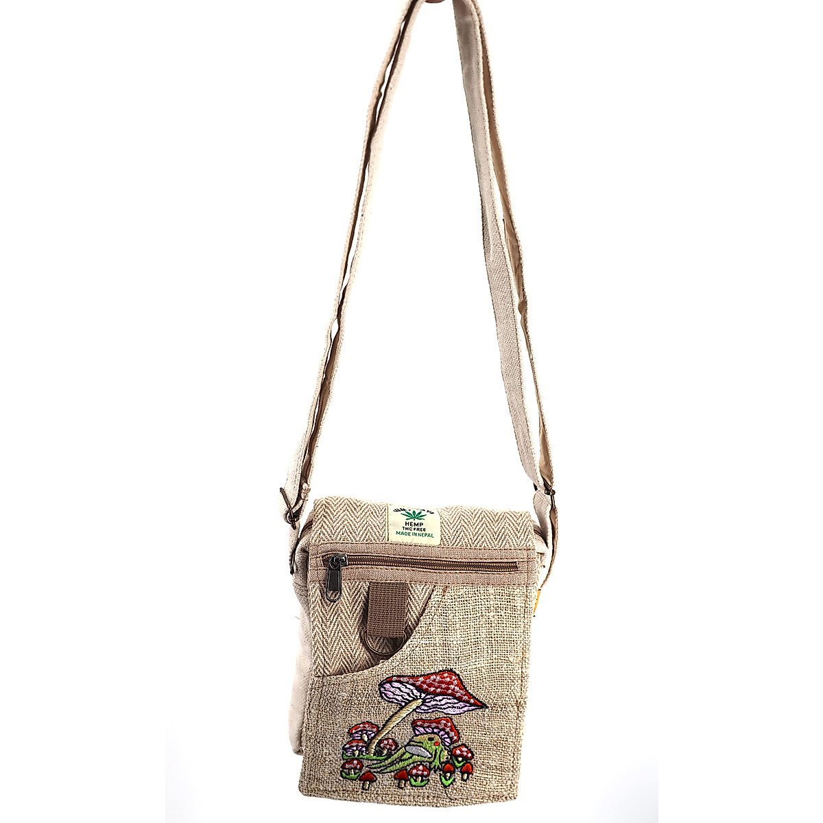 Unique design Mushroom Embroidery Hemp Hobo Passport crossbody bag Festival Travel Bag 100% Himalaya Hemp FAIR TRADE MADE Handmade with Love., Natural White