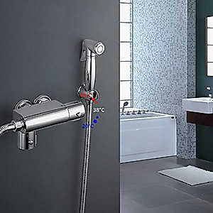 MINJING Bidets Faucet, Wall Mount Thermostatic Bidet Faucet, Brass Bidet Toilet Faucet, Hot and Cold Water Hygienic Shower, Warm Water Faucet Sprayer Kit, Chrome