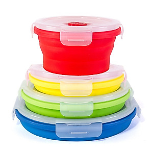 Thin Bins Collapsible Containers Set of 4 Round Silicone Food Storage Containers BPA Free, Microwave, Dishwasher and Freezer Safe - No more cluttered container cabinet! SC-149A