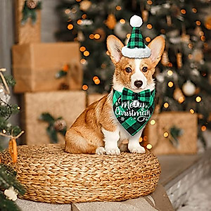 DULEFUN 3pcs Christmas Dog Costumes Outfit, Classic Buffalo Plaid Christmas Dog Clothes Xmas Dog Bandana Hat Bowtie Scarf Kerchief Triangle Bib Accessories for Small Medium Dogs Pets