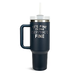 Elanze Designs It's Fine I'm Fine Everything's Fine 40 oz. Stainless Steel, Large Water Bottle Coffee Mug, Spill & Leak Resistant, Thermal Travel Tumbler with Handle, Lid & Straw, Navy Blue
