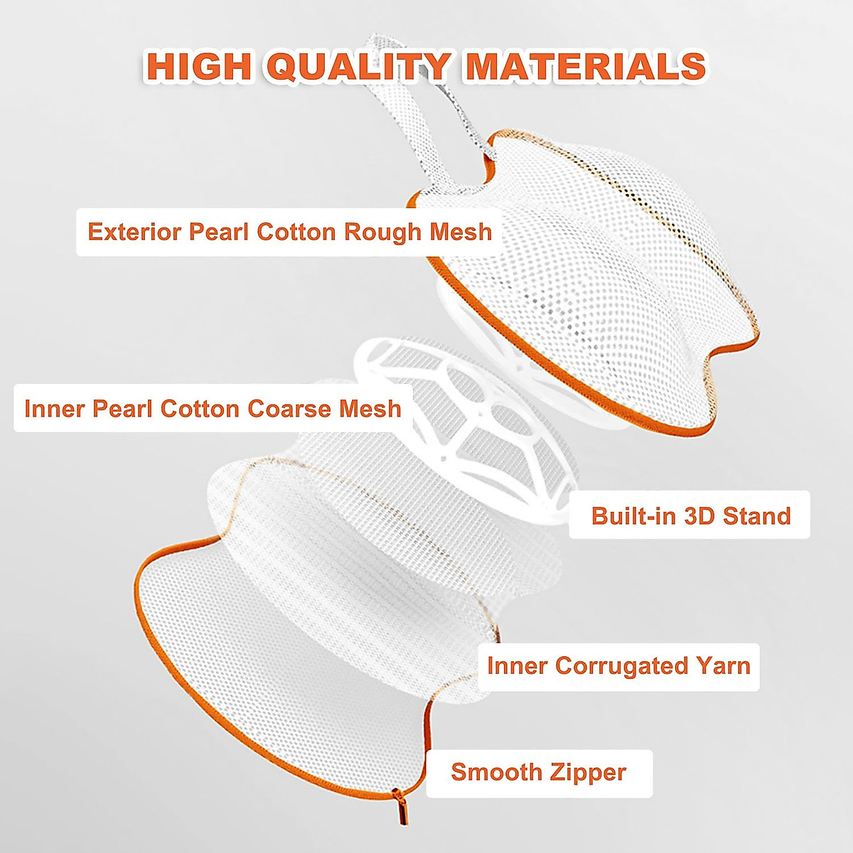 3Pcs Bra Washing Bag for Laundry, Upgraded Large 3D Bracket Mesh Bra Laundry Bags Bra Washer Protector for Laundry Delicates Lingerie Brassiere Wash Bags for Washing Machine (Orange, D to H Cups)