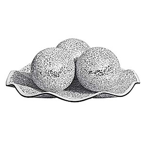 WHOLE HOUSEWARES | 11.5" Glass Mosaic Decorative Tray | Home Décor Centerpiece | Bowl with 3PCS 3.75" Mosaic Decorative Balls | Table Centerpieces For Dining Room (Silver)