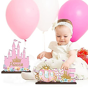 2 Pieces Princess Glitter One Letter Sign Wooden Centerpiece 1st Birthday Girl Decoration Princess Crown Centerpieces for Tables Baby Girl's Baby Shower Decor Supplies Photo Prop