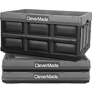 CleverMade Collapsible Storage Bin, Charcoal, 3PK - 32L (8 Gal) Stackable Storage Containers, Holds 66lbs Per Bin - Plastic Storage Bins for Organizing, Closet Storage, Garage Storage