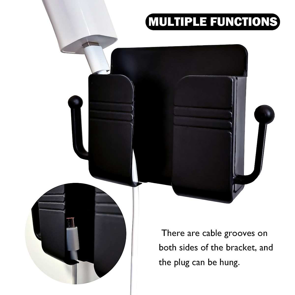 BlingKingdom Self-Adhesive Wall Mount Phone Holder with Hooks Phone Stand Charging Holder for Smartphones Cellphone Bracket Phone Holder for Wall Home Office RV for iPhone and Android (Black)