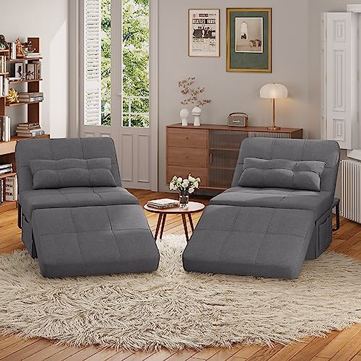 Aiho Sleeper Chair Bed, 4 in 1 Convertible Chair Sofa Bed, Assembly-Free Sofa Chair Bed with Adjustable Backrest Linen Fabric, for Living Room Apartment Office, Dark Grey