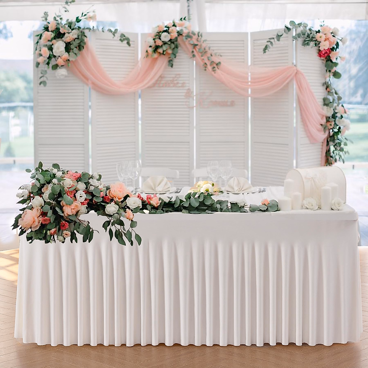 Htper 2 pk Spandex Ivory Table Clothes for 6 Foot Rectangle Tables, Stretch Table Cloths 6 ft Fitted Table Cover Desk Skirt Tablecloth for Parties Weddings Birthday Banquet Baby Shower