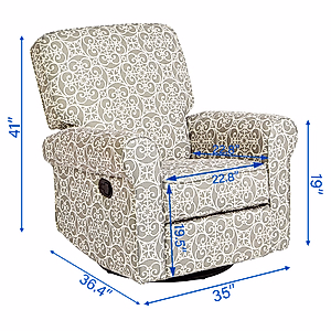 JC HOME Menet Swivel Glide Recliner with Fabric Upholstery in a Scrollwork Print, Doodles Ash
