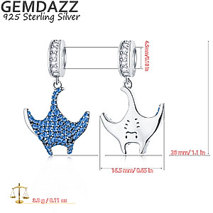 3D Devil Manta Ray Fish Charms, Charm fits Pandora Ocean Animal Bracelet, 925 Sterling Silver Sparkling Pave Blue CZ Pendant Beads, Gift for Hawaii Vacation/Christmas/Birthday