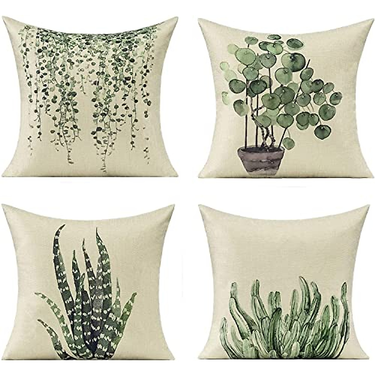 All Smiles Outdoor Green Throw Pillow Covers for Patio Furniture Succulent Plants Vine Decorative Cushion Cases Spring Summer Porch Garden Decor 18x18 Set of 4 Couch Sofa