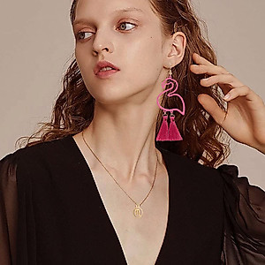 Tassel Pink Flamingo Exaggerated Long Dangle Earrings Retro Creative Hollow Fashion Cute Animal Bird Drop Earrings Boho Trendy Elegant Handmade Flamingo Shape Jewelry for Women -A