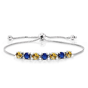 Gem Stone King 925 Sterling Silver Yellow Citrine and Blue Created Sapphire Tennis Bracelet For Women (2.33 Cttw, Round 4.5MM, Gemstone Birthstone, Fully Adjustable Up to 9 Inch)