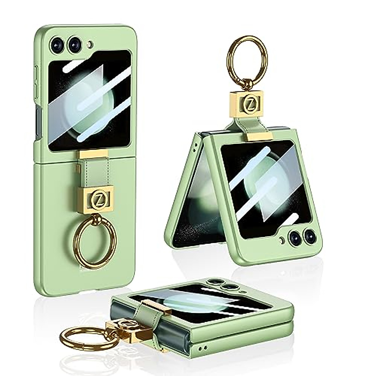 BAILI for Samsung Galaxy Z Flip5 Case with Ring,Galaxy Z Flip5 Cover with Z Ring & HD Small Screen Film,Military Grade All-Inclusive Protection Case with Electroplated Ring Stand for Z Flip 5-Matcha