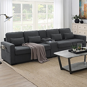 Tmsan 114.2" Modular Sectional Sofa Couch for Living Room Apartment, Modern Linen Upholstered Couch with 2 Cup Holders & 2 USB Charging Ports & 4 Pillows & 3 Storage Pockets, 4-Seat (Dark Grey)