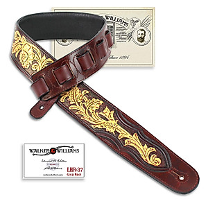 Walker And Williams LHR-37 Handmade Blood Red Premium Carving Leather Guitar Strap With Bright Gold Western Sheridan Carving Pattern And Padded Leather Back For Acoustic, Electric, And Bass Guitars