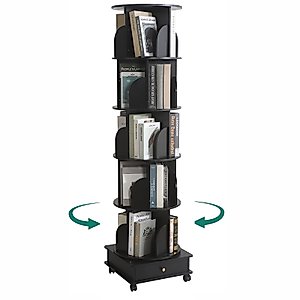 DGYLHBJ 360 Solid Wood Rotating Bookshelf,Bookcase on Wheels,Rotating Bookshelf with Drawer,360°Display Bookcase, Revolving Bookcase for Office,Bedroom, Living Room, Study, Library (Black)