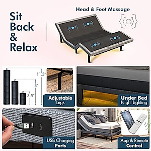 Renanim Adjustable King Bed Frame with Remote - Electric Dual Massage, USB Ports, Under Bed Light, Zero Gravity, App Control, Anti Snore, Head/Foot Incline – King Adjustable Bed Base