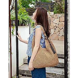 QTKJ Hand-woven Soft Large Straw Shoulder Bag with Black Tassels Boho Straw Handle Tote Retro Summer Beach Bag Rattan Handbag (Brown)
