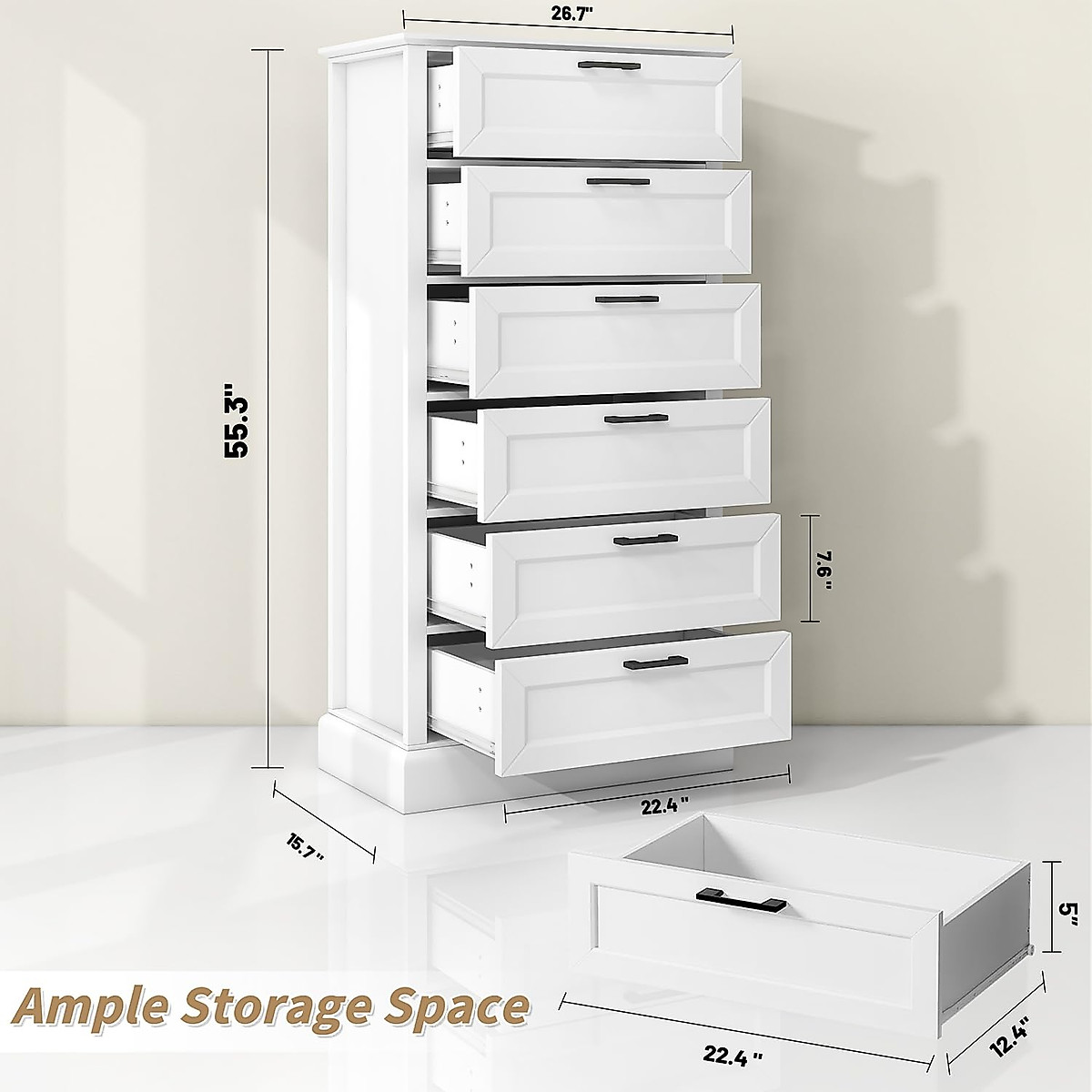 biukpci Tall White 6 Drawer Dresser, Wood Vertical Chest of Drawers for Bedroom, 55" H Modern Lingerie Dressers for Closet, Living Room, Hallway and Home Office