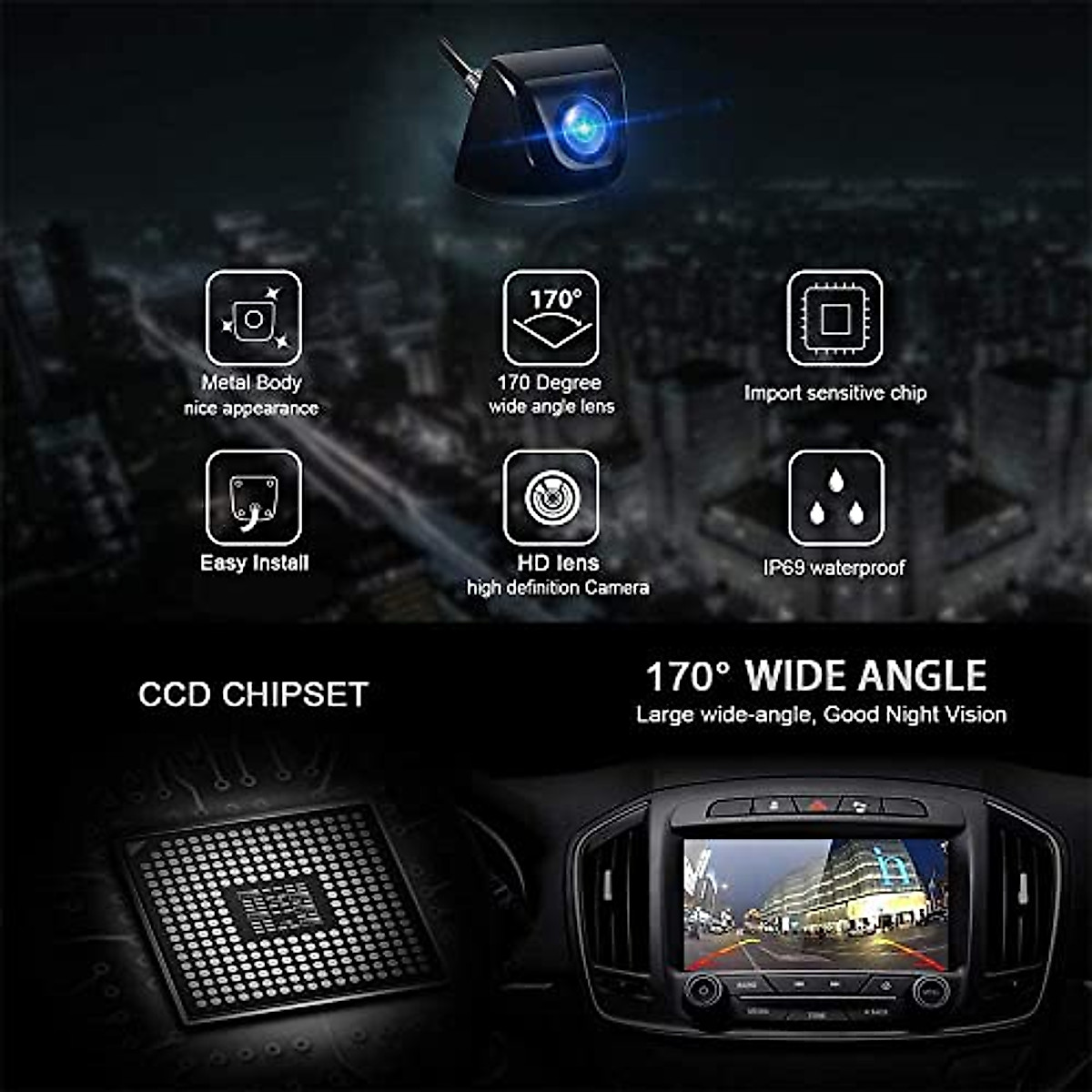 Bileeko Backup/Front View Camera, AHD Reversing Camera 170° Wide Angle Night Vision IP69 Waterproof Car Backup Camera Universal Metal Rear View Camera for Car Truck RV Pickup SUV - 12/24V