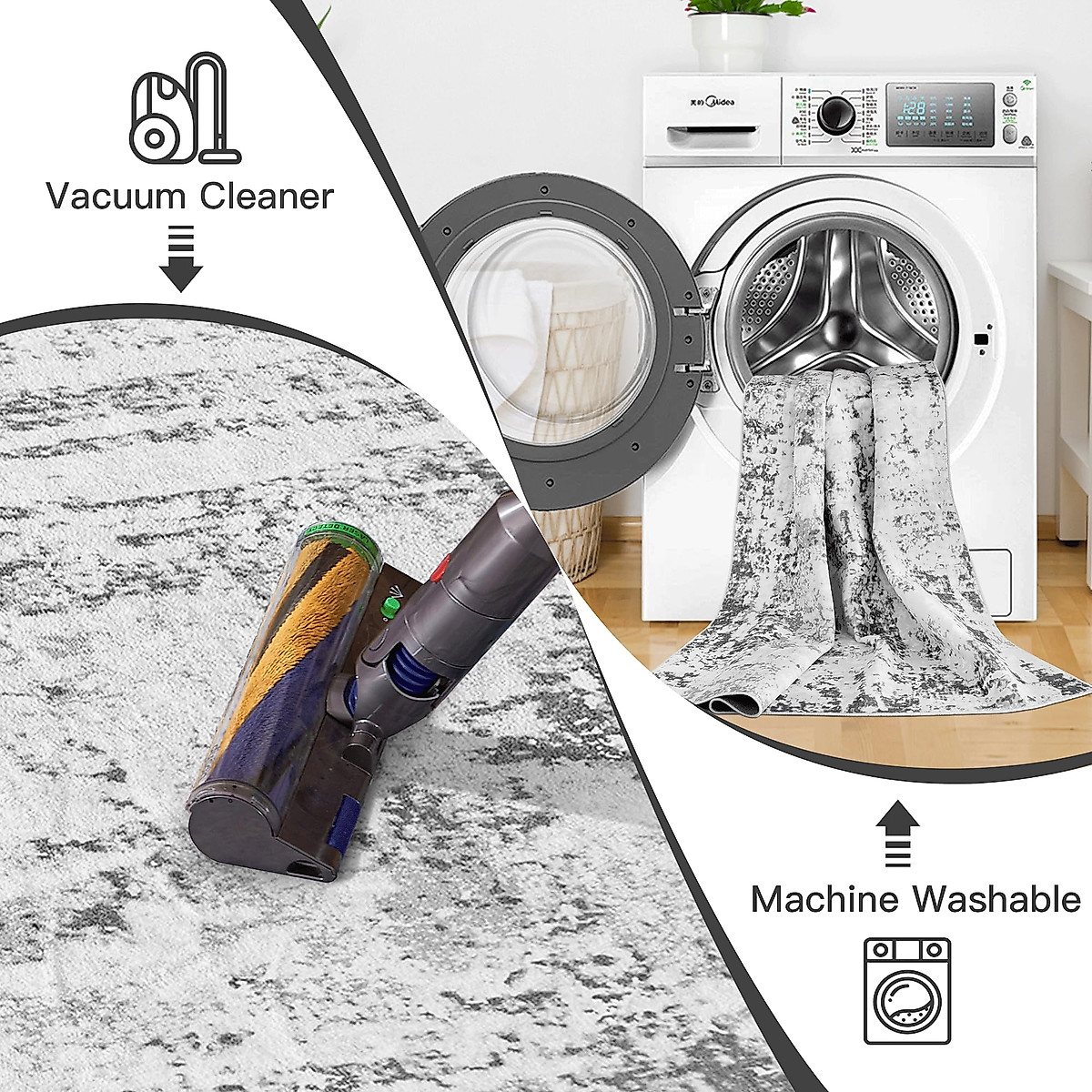 RYB HOME Washable Living Room Rug, 8x10 Large Area Rug for Bedroom, Ultra Soft Faux Wool Non Slip Modern Abstract Farmhouse Floor Carpet for Dining Home Office Nursery Playroom, 8x10 ft, Grey