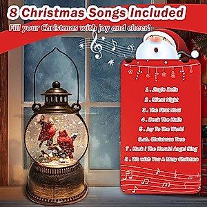 Christmas Snow Globe Lantern, Lighted Water Lantern with Music and 6 Hour Timer, USB Lined/Battery Powered Singing Lantern, Christmas Decor Gifts - Two Red Cardinals 10.4 in.