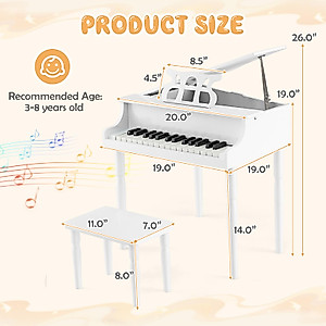 Goplus 30-Key Classical Kids Piano, Mini Grand Piano Wooden Learn-to-Play Musical Instrument Toy with Bench, Piano Lid, Music Rack, Gift for Boys Girls Aged 2+ Baby Tollder(4 Straight Leg-White)
