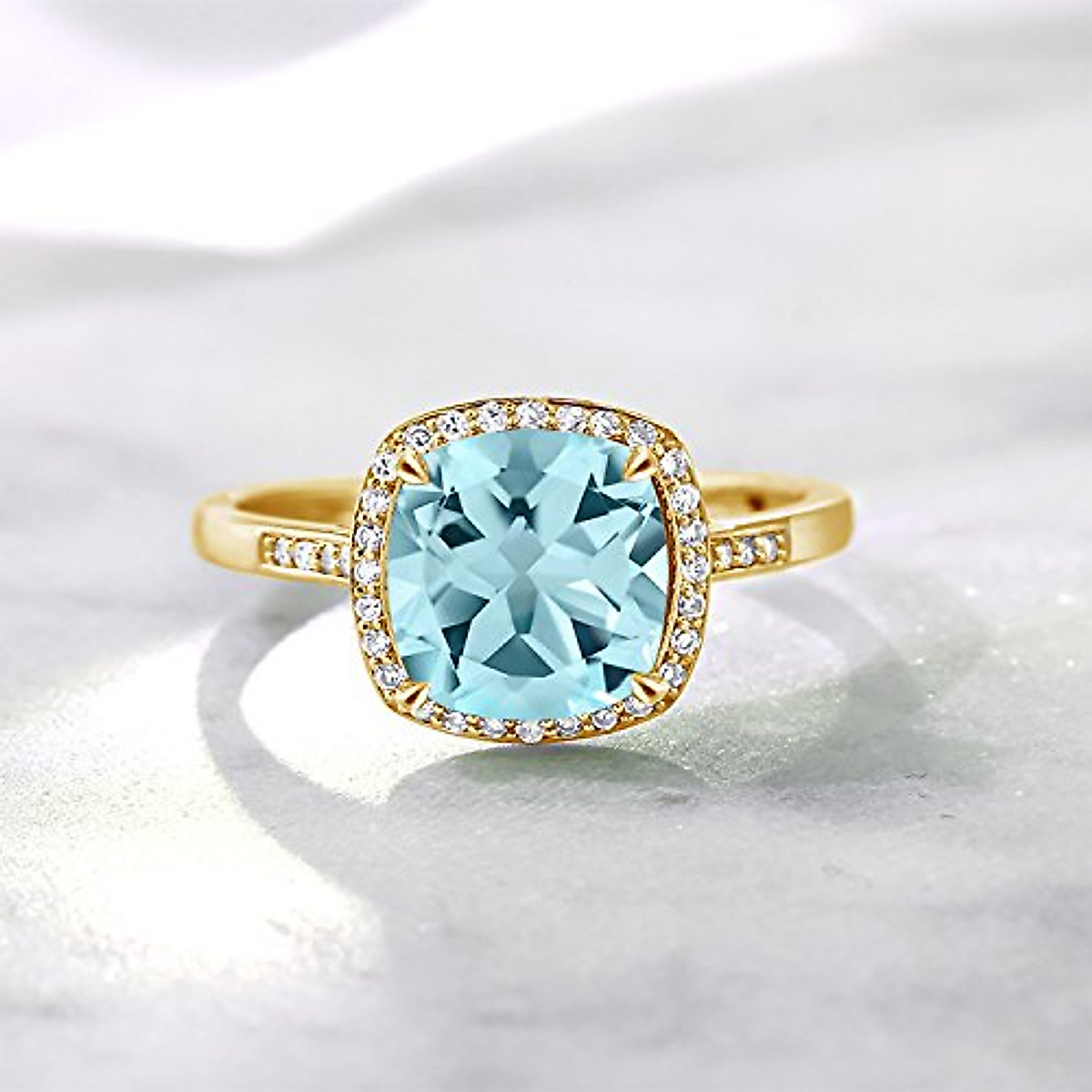 Gem Stone King 10K Yellow Gold Sky Blue Topaz and Diamond Engagement Ring For Women (2.74 Cttw, Gemstone Birthstone, Cushion Cut 8MM, Available in size 5, 6, 7, 8, 9)