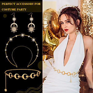 Cunno 3 Pieces Crown Earrings for Women Belt Chain Set Stars Crown Drop Earrings Moon Star Body Chain Belt (Elegant)