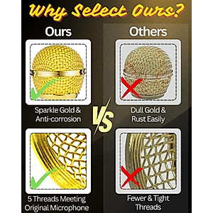 RhymKawa Bling Gold Microphone Cover Compatible with Shure SM58, SM48 Wired and Wireless Mic Cartridge Ball Mesh Grill Repalcement, 2 Pack