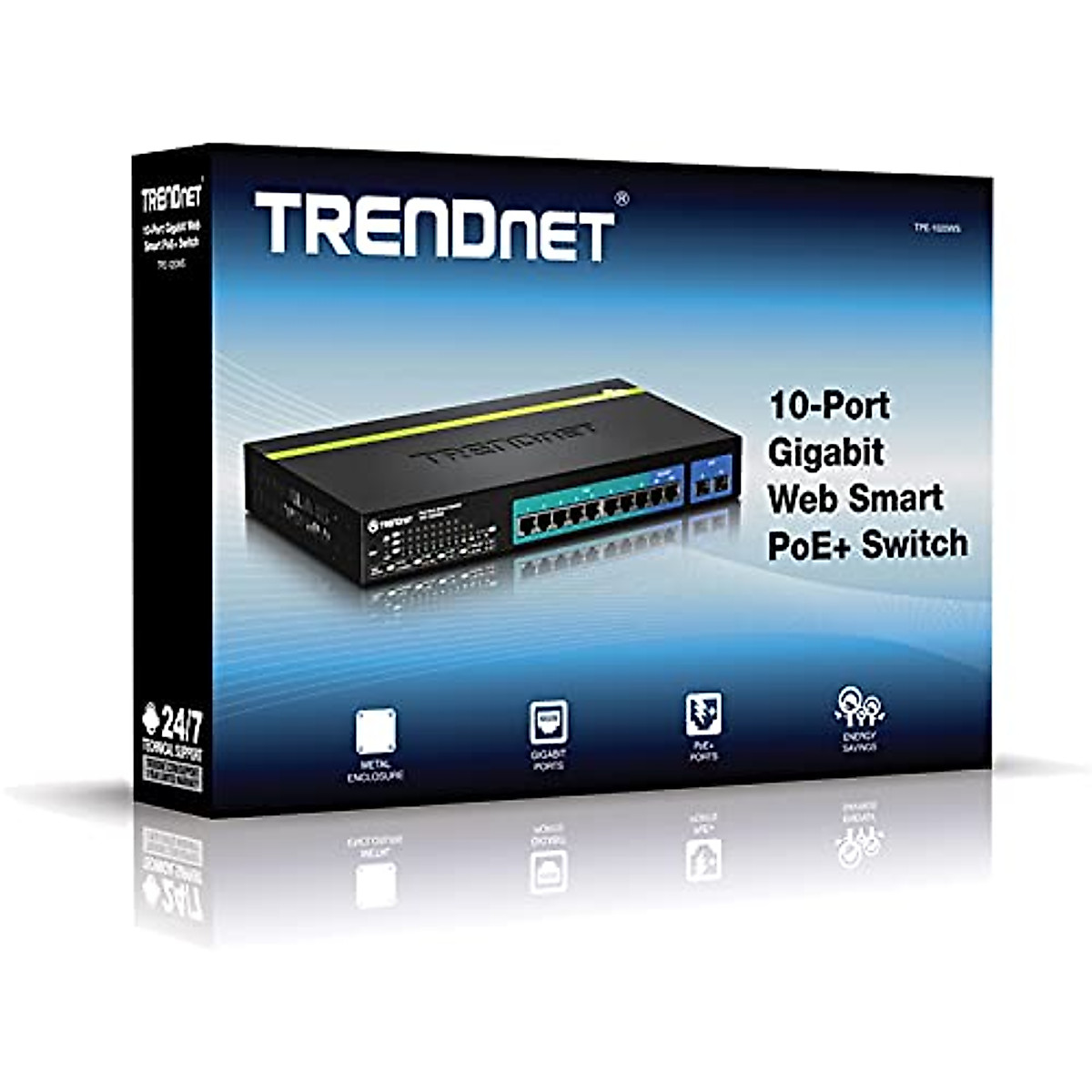TRENDnet 10-Port Gigabit Web Smart PoE+ Switch, 8 x PoE+ Gigabit Ports, 2 x Gigabit Ethernet Ports, 2 x Shared SFP Slots, 75W Total Power Budget, Rack Mountable, Lifetime Protection, Black, TPE-1020WS